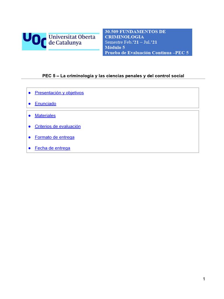 Fundamentos de Criminología Solución PEC 5 | PDF | Derecho penal | Castigos