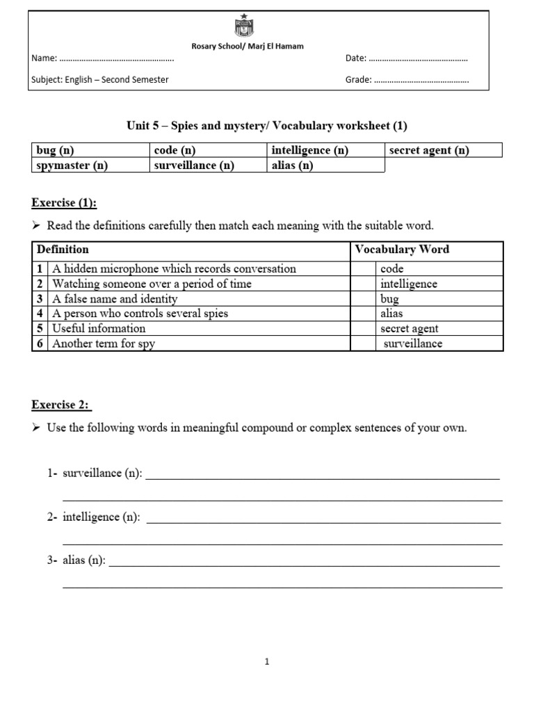 Vocab Worksheet 1 Unit 5 | PDF | Espionage | Communication