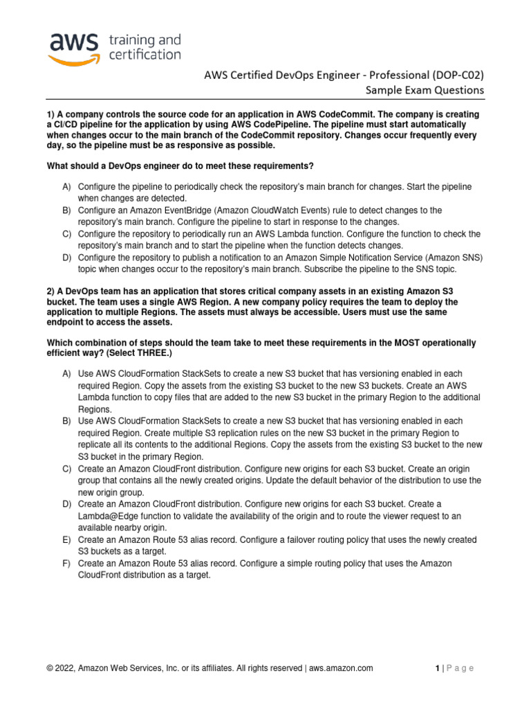 AWS DevOps Engineer Exam Sample Questions | PDF | Amazon Web Services | Computer Architecture