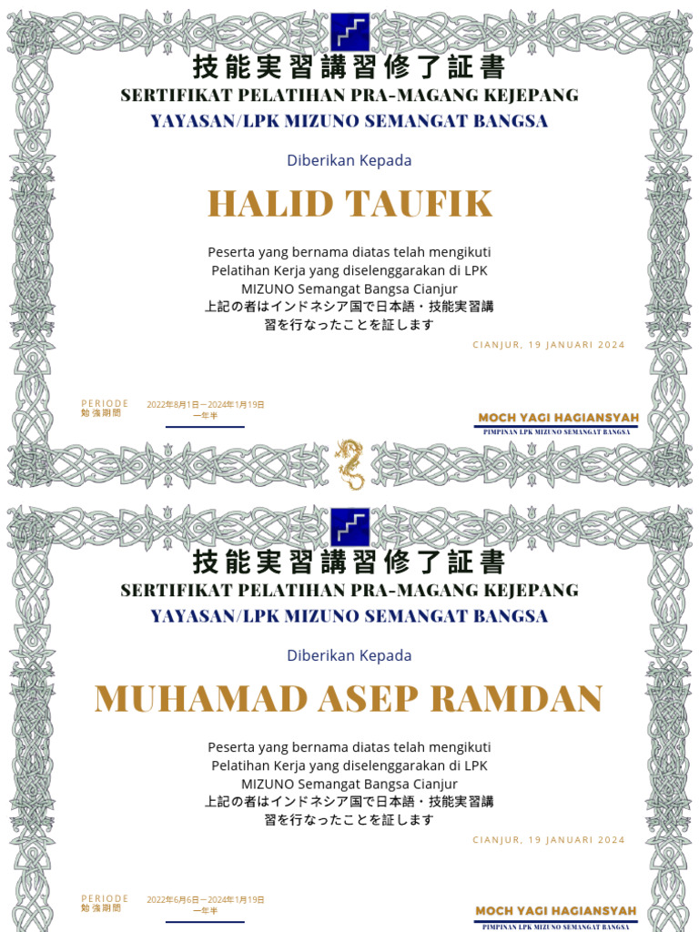 Sertifikat Pelatihan Pra-Magang Jepang | PDF
