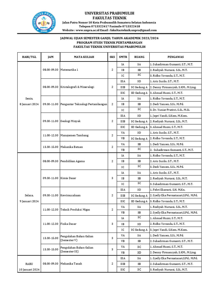 Revisi Jadwal UAS Ganjil Prodi Teknik Pertambangan Tahun Akademik 2023 - 2024 - 02 Januari 2024 ...