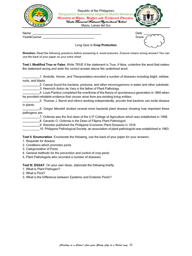 Long Quiz Crop Prot | PDF | Plant Pathology | Pest (Organism)