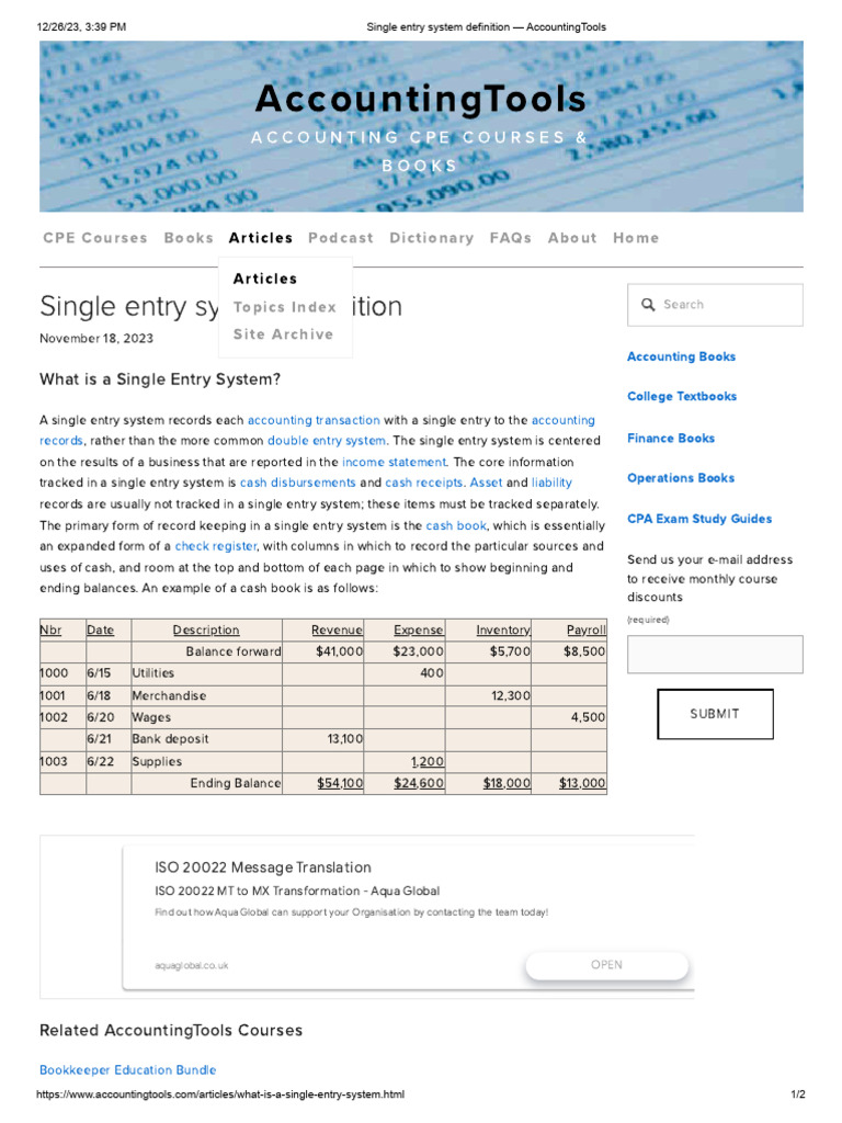 Single Entry System Definition - AccountingTools | PDF | Bookkeeping | Service Industries