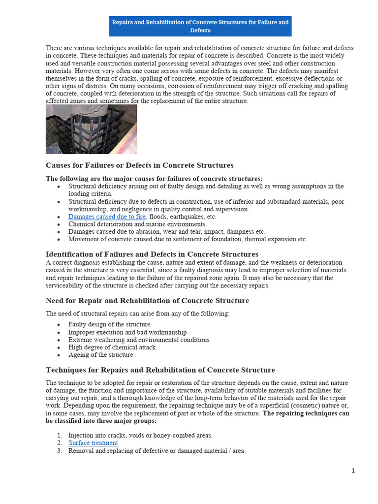 Techniques Available For Repair and Rehabilitation of Concrete Structure For Failure and Defects ...
