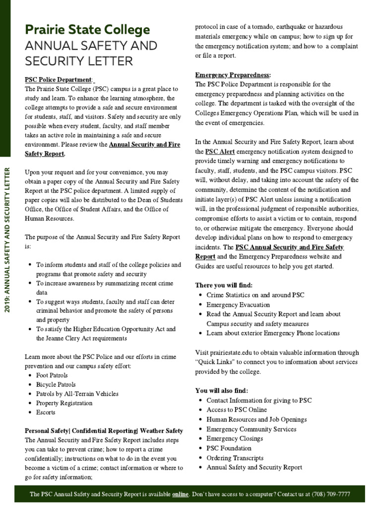 Prairie State College: Annual Safety and Security Letter | PDF | Emergency | Emergency Management