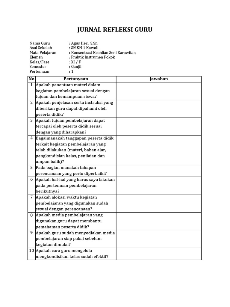 Jurnal Refleksi Guru | PDF | Karier & Perkembangan | Seni & Disiplin Bahasa