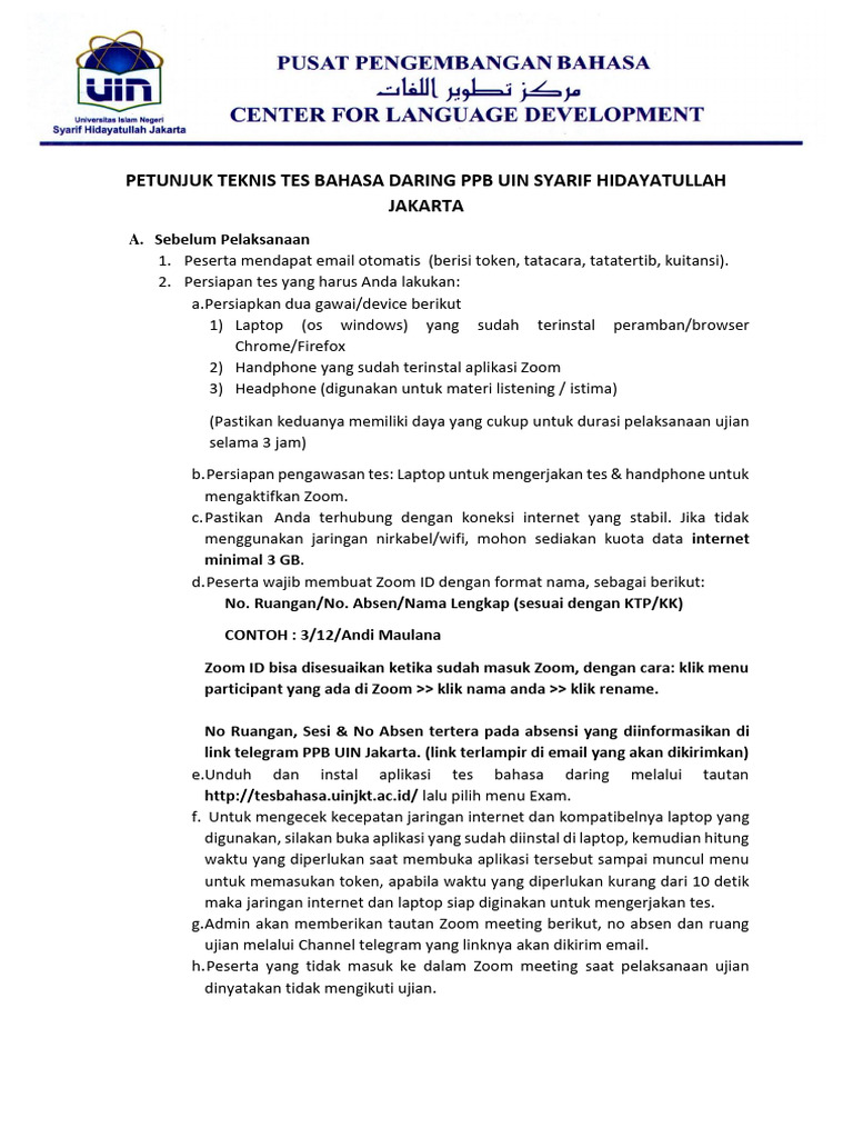 Juknis Tes Bahasa Daring PPB UIN Jakarta | PDF