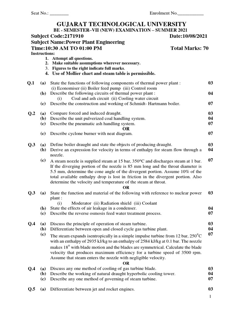 Gtu Mechanical 2171910 Summer 2021 | PDF | Turbine | Steam