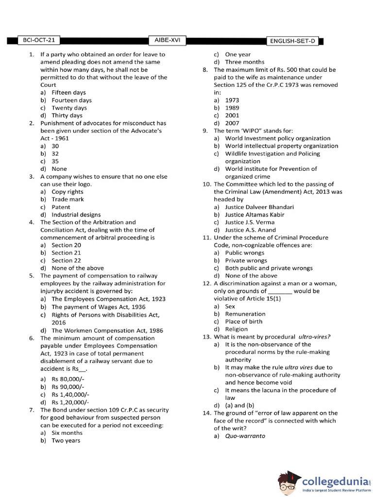 AIBE 16 Question Paper Set D | PDF