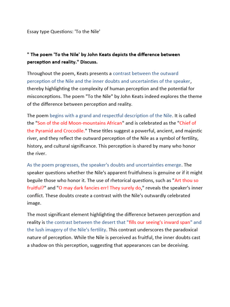 Essay Type Question 1 - To The Nile | PDF | Perception | Poetry