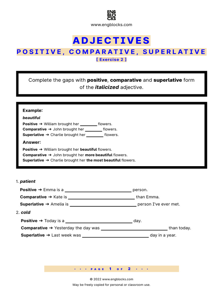 Adjectives Degrees of Comparison Positive Comparative Superlative ...
