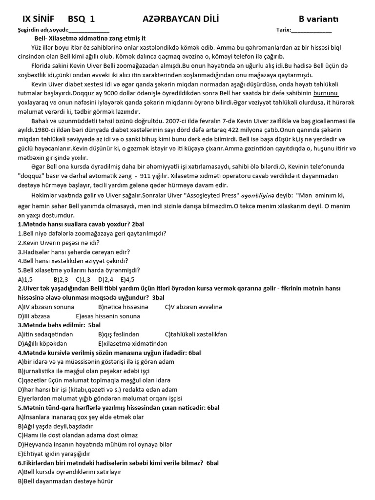Azərbaycan Dili IX. BSQ-1 | PDF