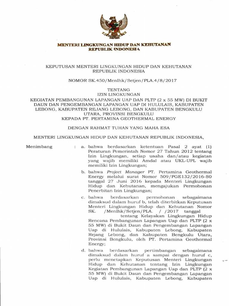 Izin Lingkungan PT Pertamina Geothermal | PDF