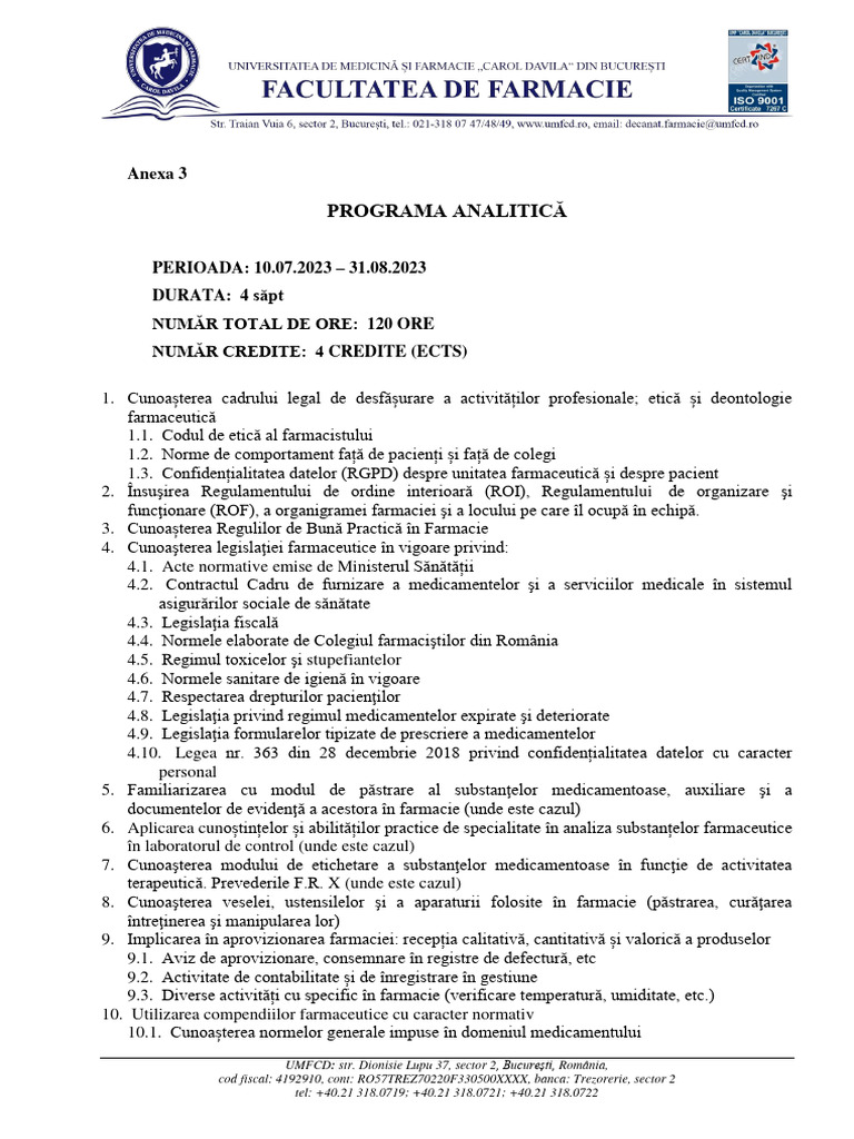 Anexa 3 Programa Analitica | PDF