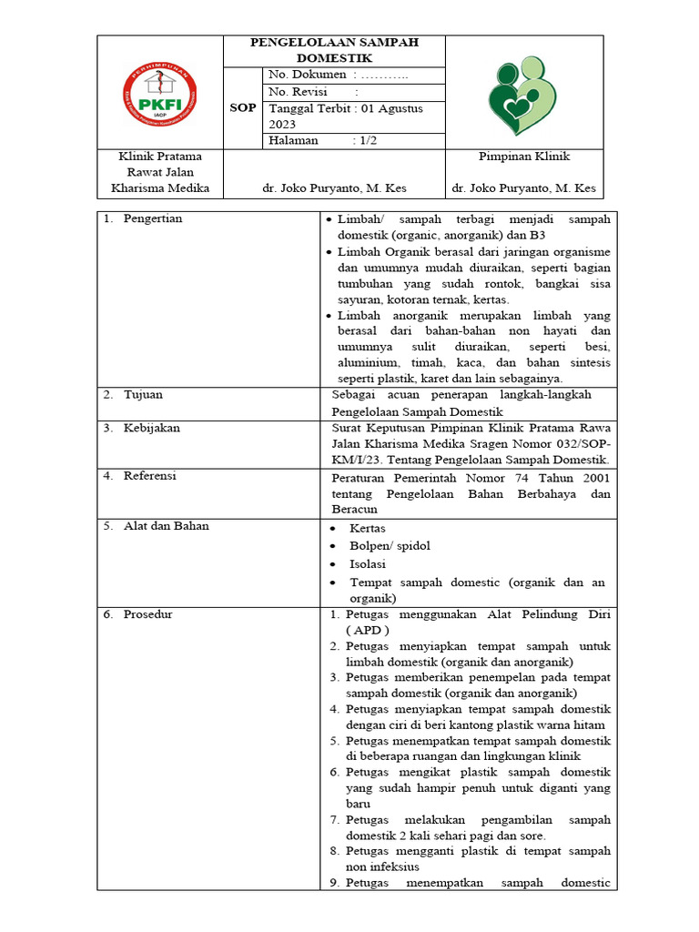 032.sop Pengelolaan Sampah Domestik | PDF