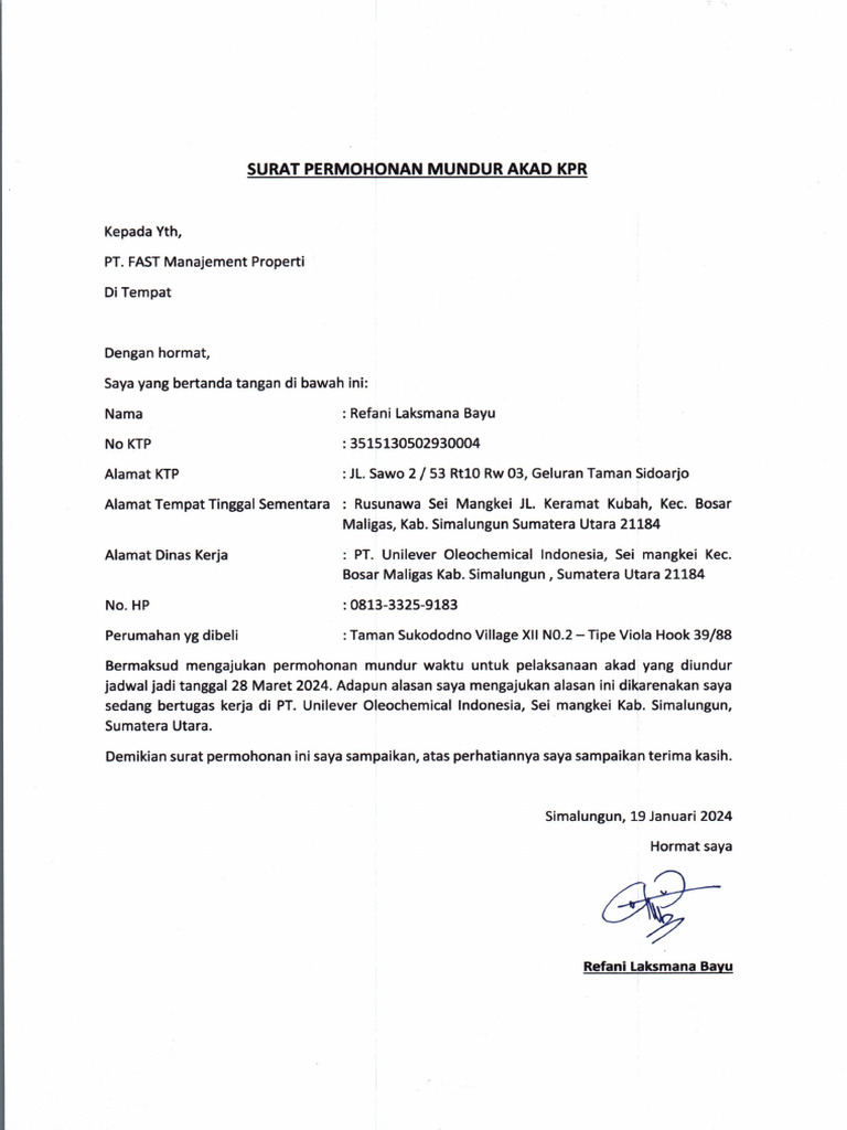 Surat Permohonan Mundur Akad KPR | PDF