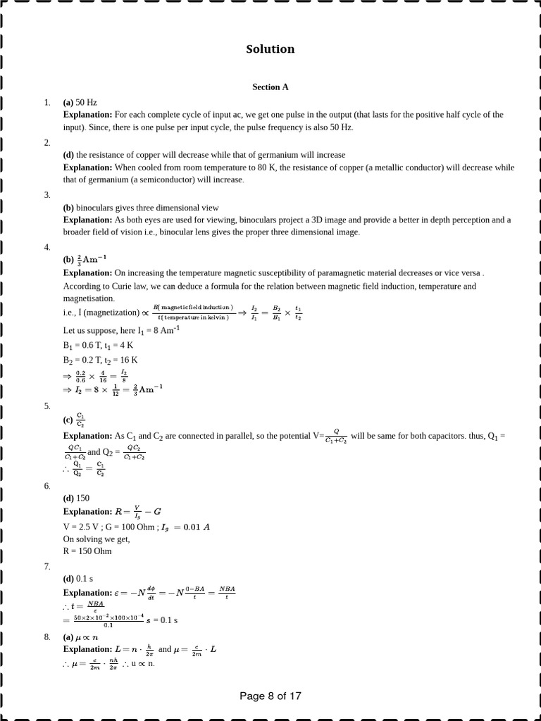 CLASS 12 SCI PRE BOARD 1 SOLUTION | PDF | Neutron | Inductor