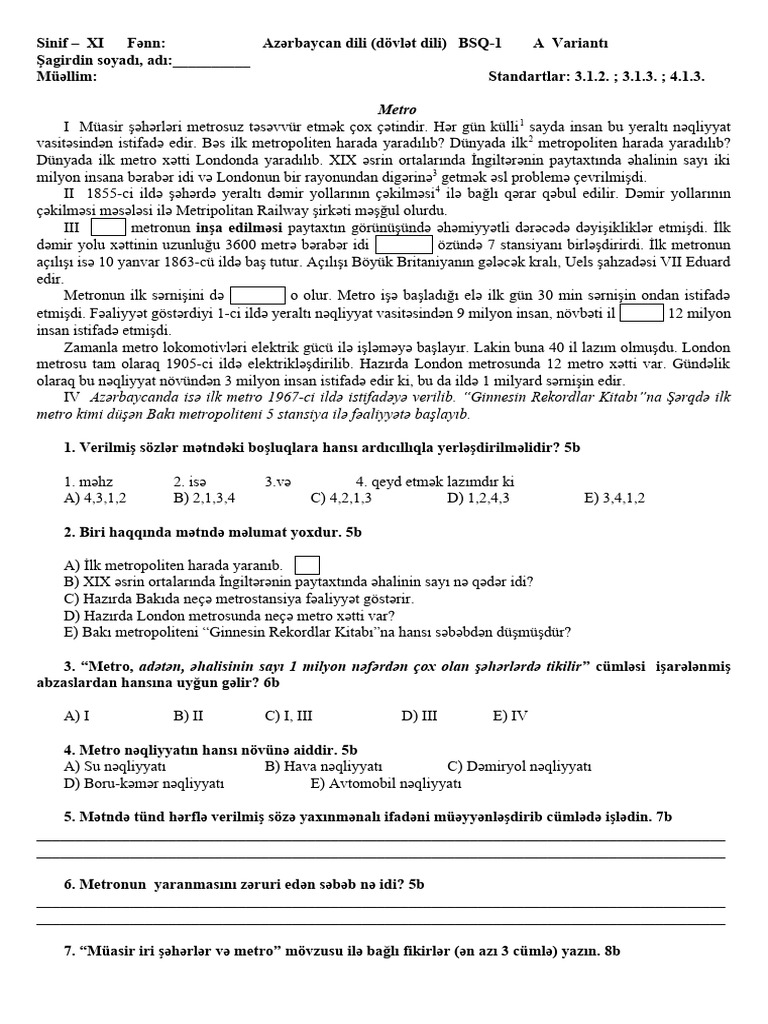 11-Ci Sinif BSQ-1 A Variant Azərb - Dili (Rus Bölməsi) | PDF