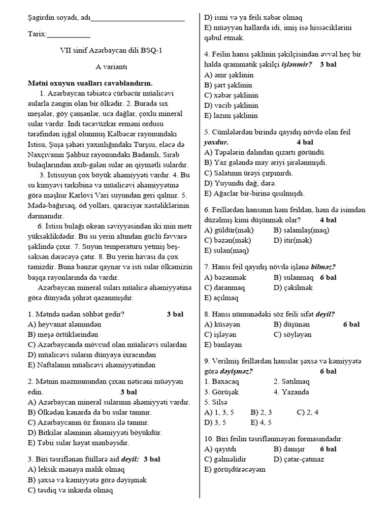 7 Ci Sinif Azerbaycan Dili BSQ 1 | PDF