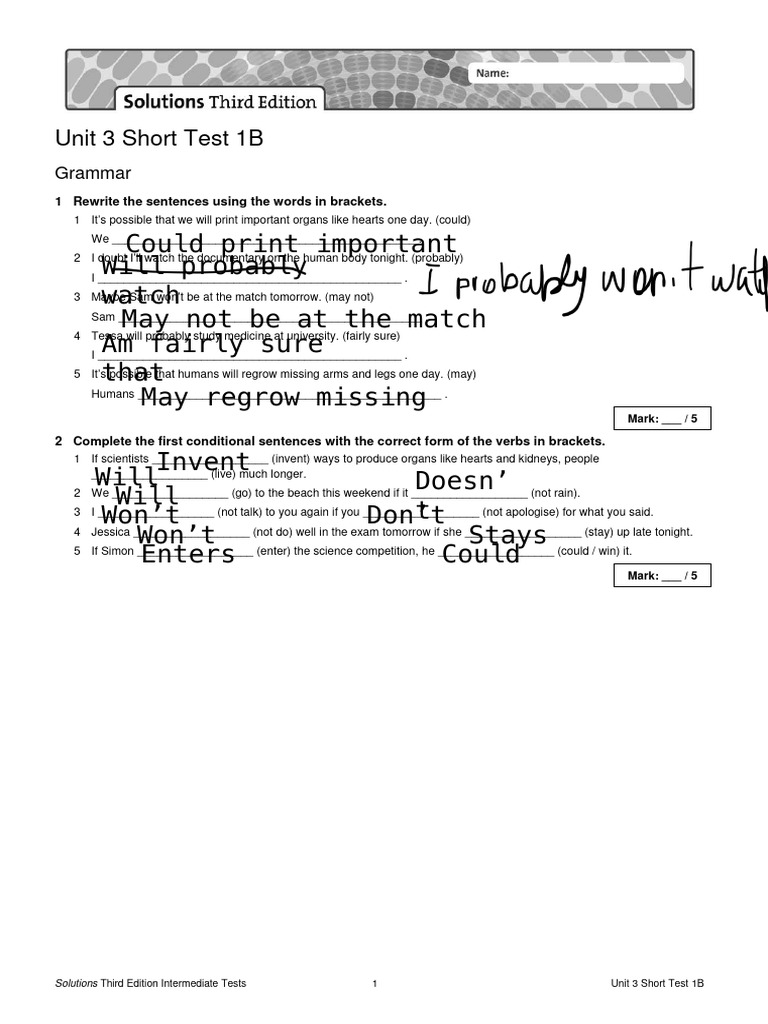 Sol3e Int U3 Short Test 1b Pdf Human Anatomy Anatomy