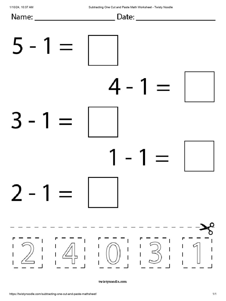 Subtracting One Cut and Paste Math Worksheet - Twisty Noodle | PDF