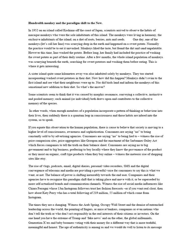 Hundredth Monkey and The Paradigm Shift To The New. | PDF | Social Science
