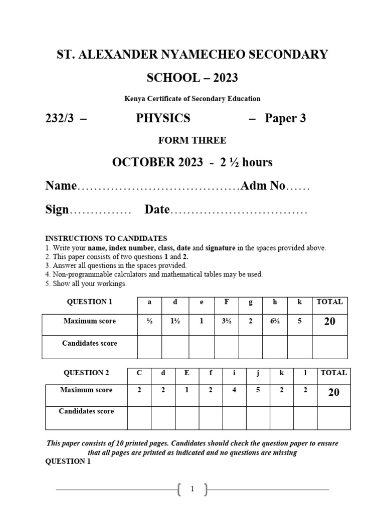 St. Alexander Nyamecheo Secondary SCHOOL - 2023 232/3 - Physics - Paper 3 | Download Free PDF ...
