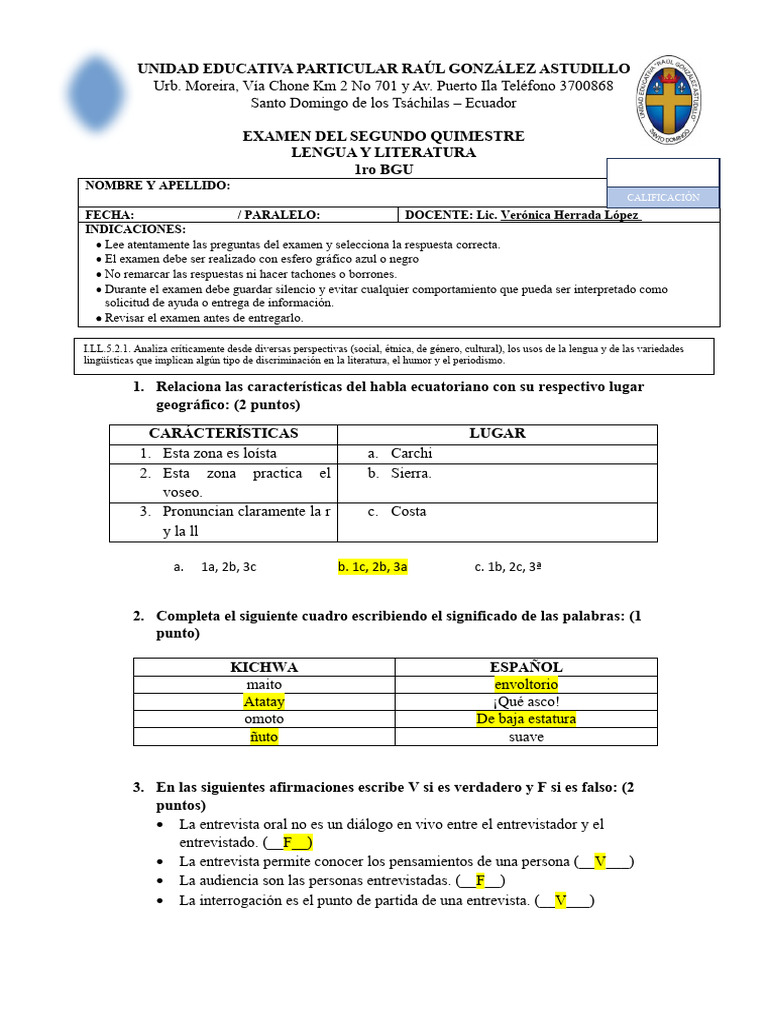 1ro BGU - EXAMEN DEL - 2Q - CORREGIDO | PDF
