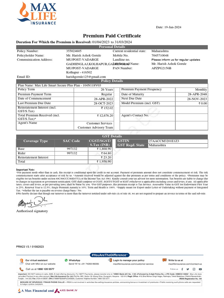 Premium Paid Certificate: Personal Details | PDF | Insurance | Value ...