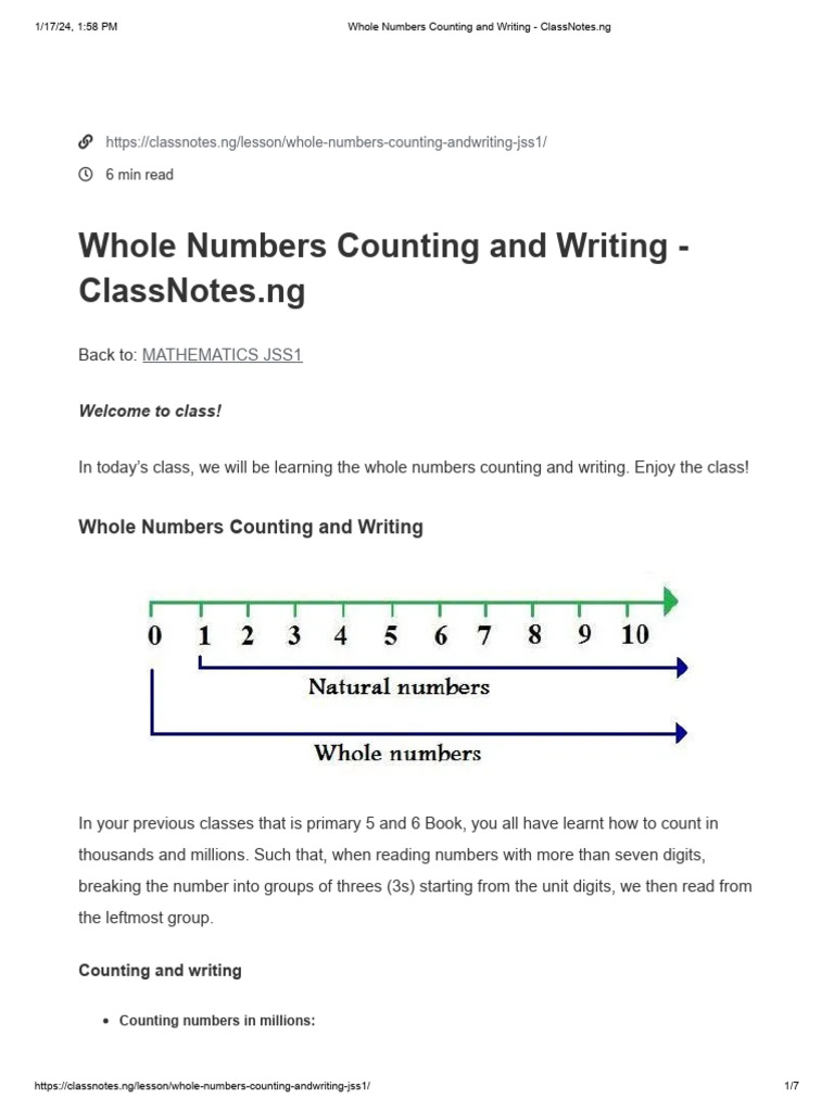 Whole Numbers Counting and Writing - ClassNotes - NG | PDF ...