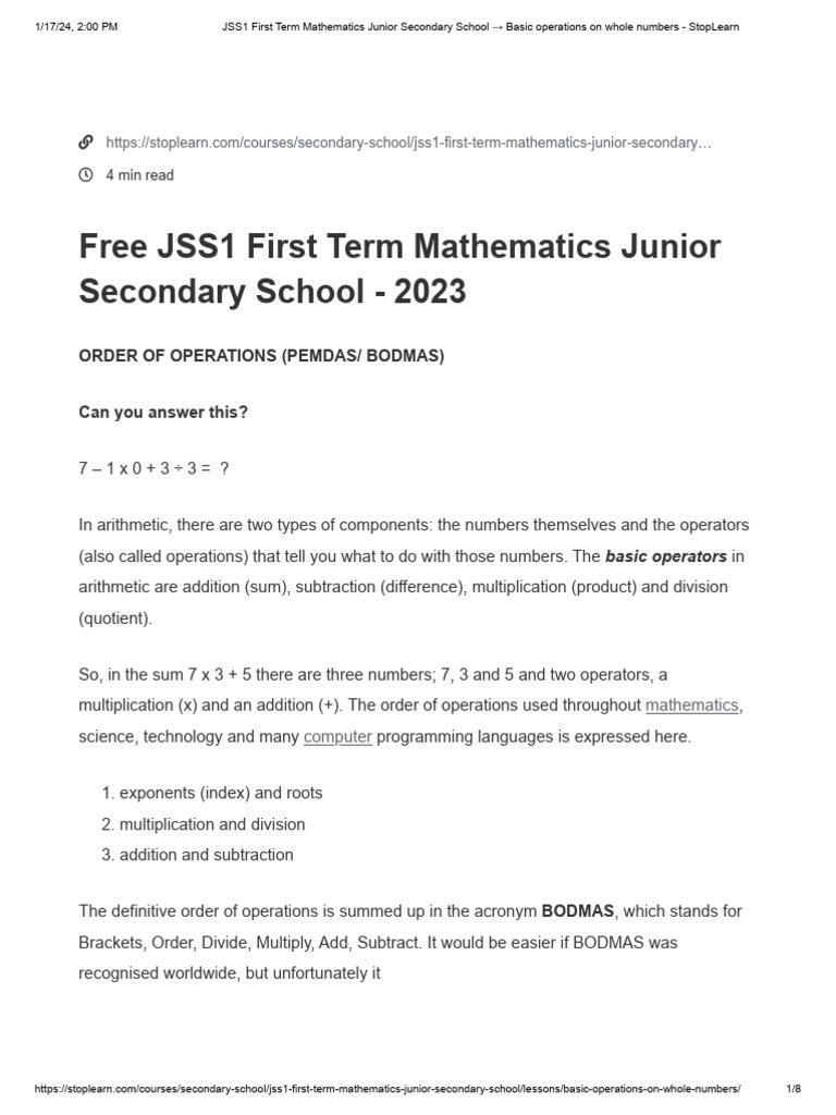 Basic Operations On Whole Numbers - StopLearn | PDF | Multiplication ...
