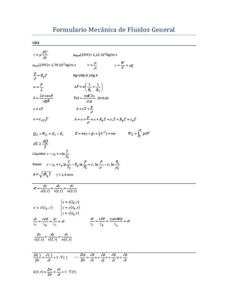 Formulario Mecánica de Fluidos General 2 | PDF