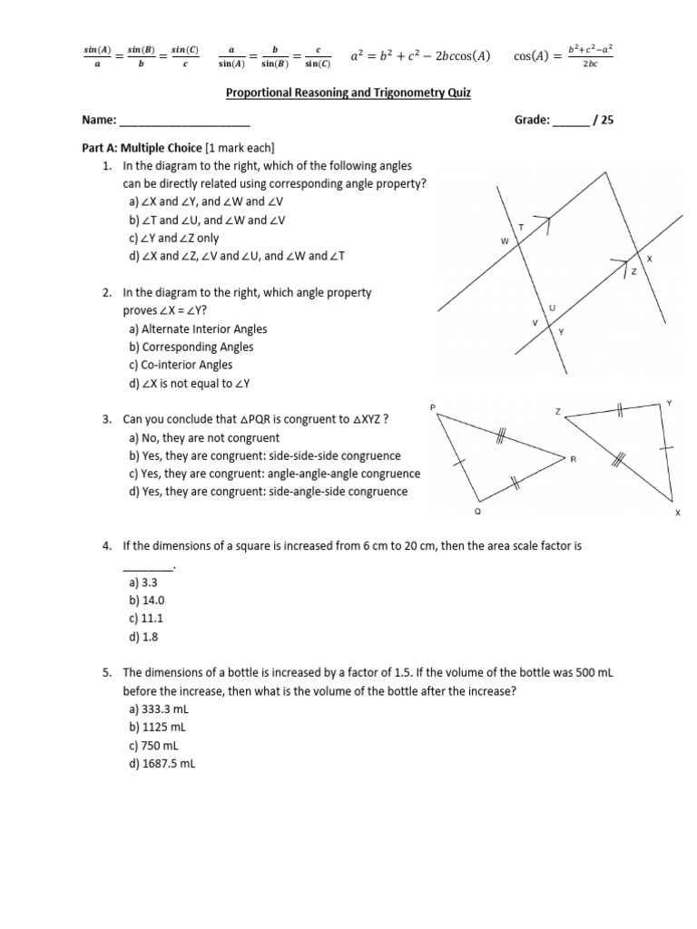 Proportional Reasoning and Trigonometry Quiz | PDF | Triangle | Mathematics