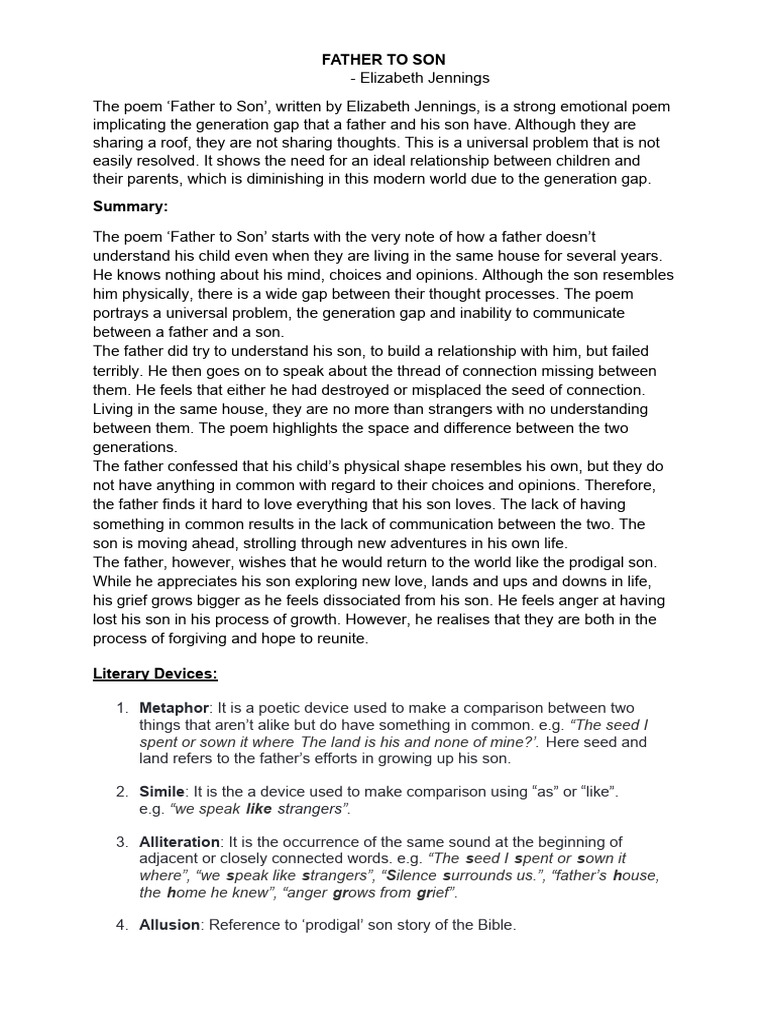 Summary - FATHER TO SON by Elizabeth Jennings | PDF