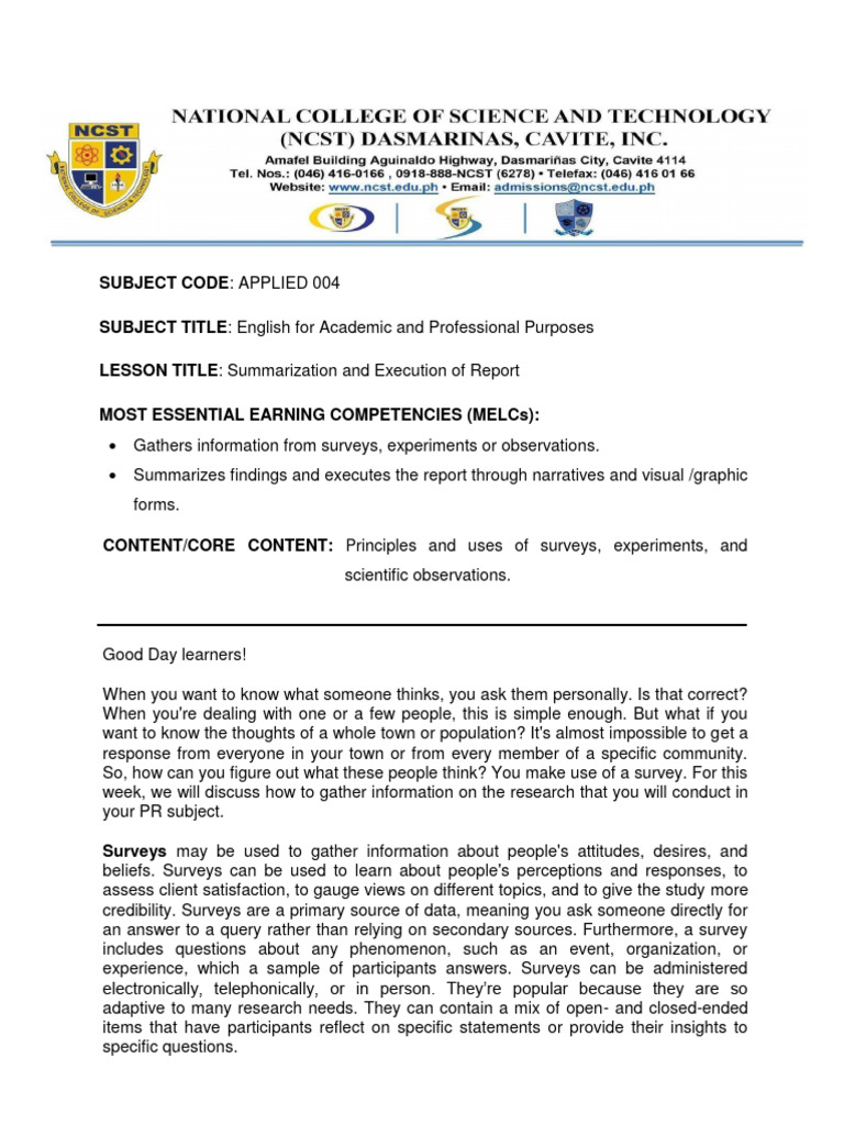 Academic Survey & Report Skills | PDF | Experiment | Chart