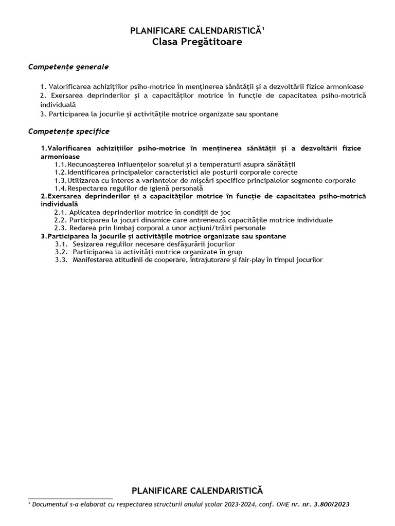 Planificare Calendaristica Clasa Pregatitoare 20232024 | PDF