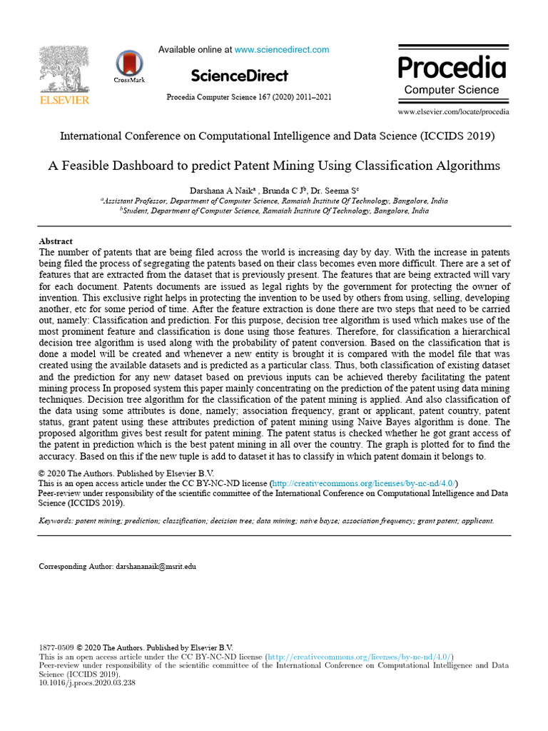 A Feasible Dashboard to predict Patent Mining Using Classification Algorithms | PDF ...