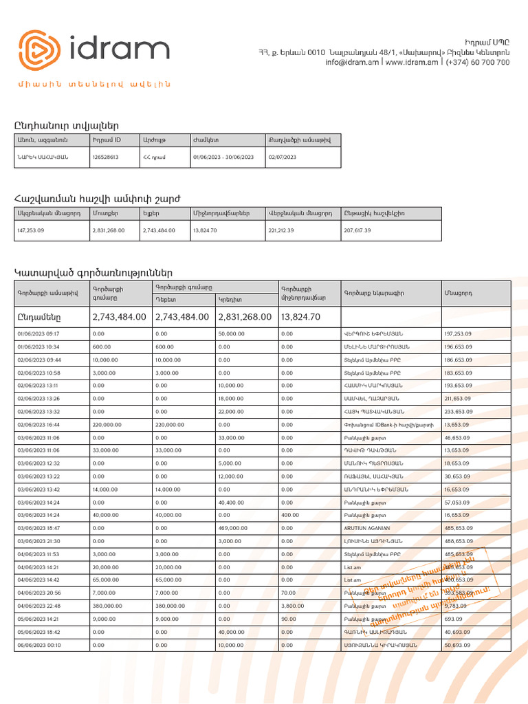 Idram Invoice - Pdfstatement June-2023 126528613 | PDF