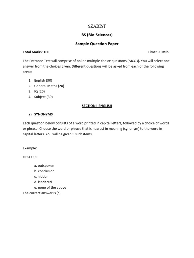 BSBio-SamplePaper (1) | PDF | Multiple Choice | Chemical Reactions