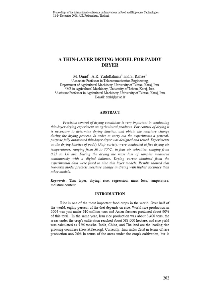 A Thin Layer Drying Model For Paddy Drye | PDF | Rice | Statistics
