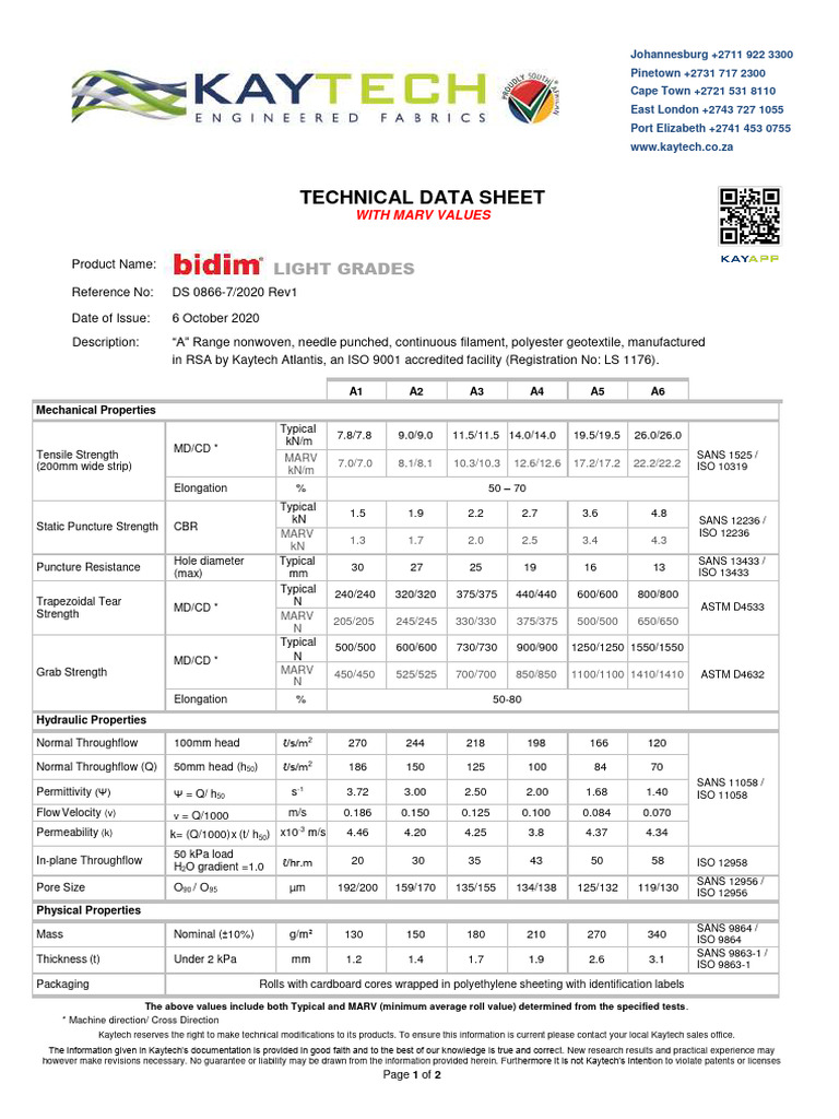 Data Sheet A1 A15 Bidim | Download Free PDF | Physical Sciences | Materials