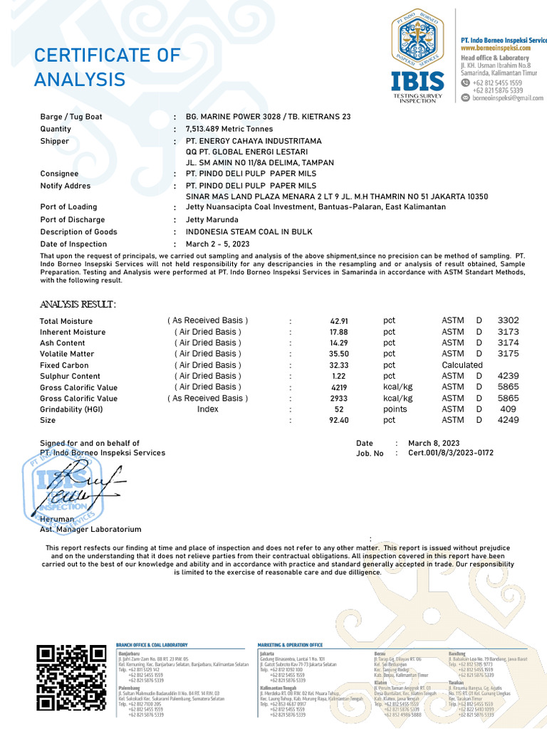 Certificate - BG. MARINE POWER 3028 - TB. KIETRANS 23 | PDF | Shipping