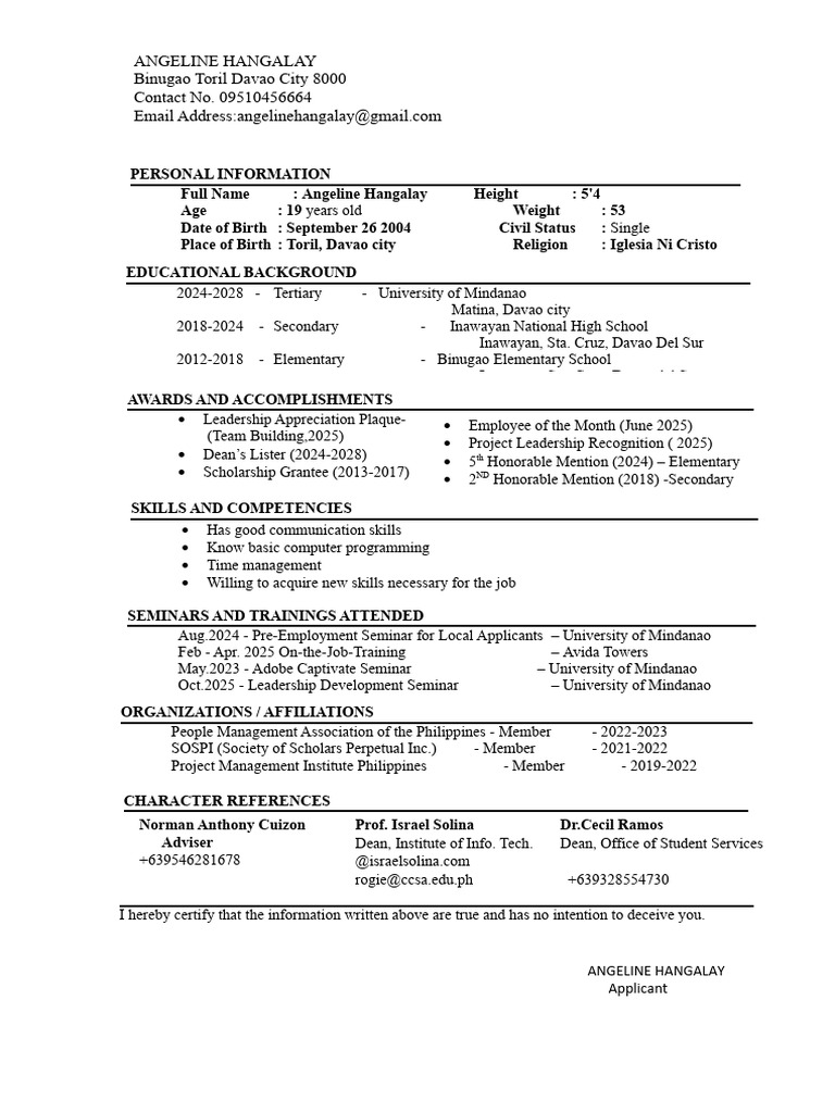 Angeline Hangalay's Resume | PDF | Career & Growth