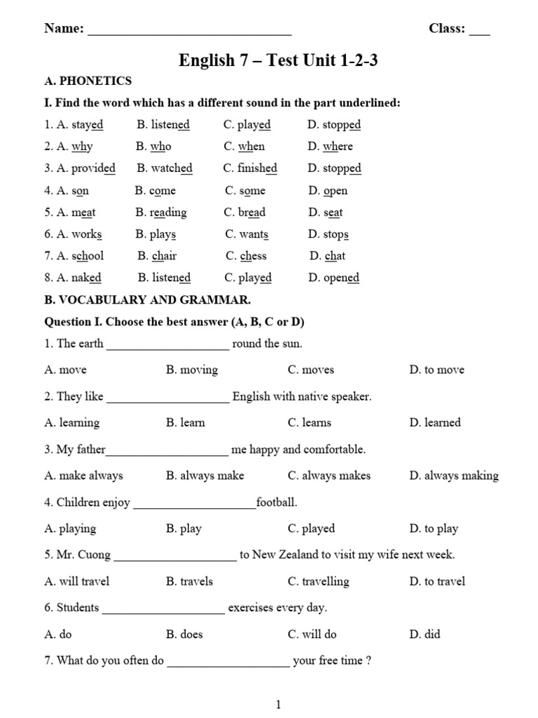 Bai Tap Tieng Anh Lop 7 Thi Diem Unit 1 2 3 | PDF | Hobbies