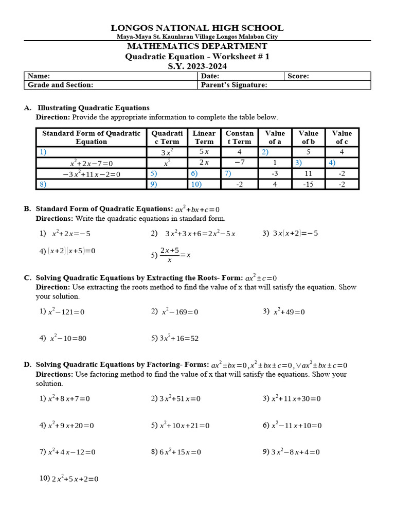 Quadratic Equations Worksheet 2023-2024 | PDF | Quadratic Equation ...