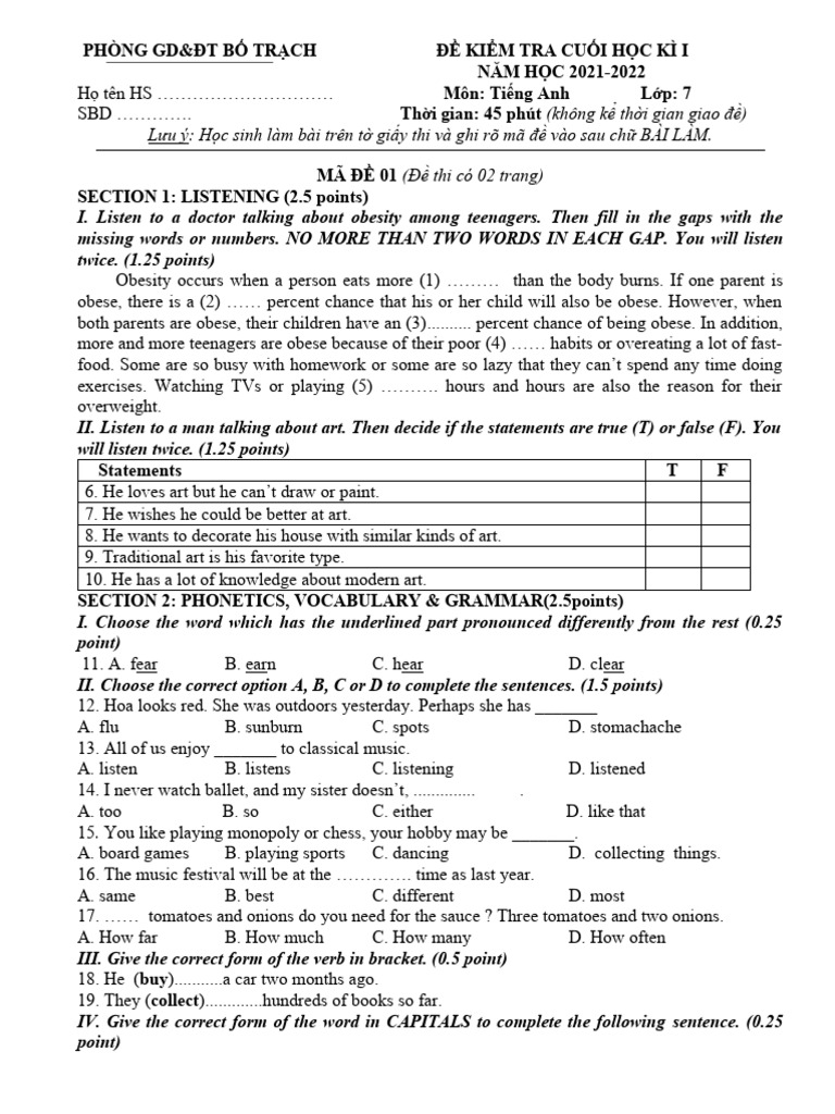 Đề KTCK I môn Tiếng Anh lớp 7 | PDF