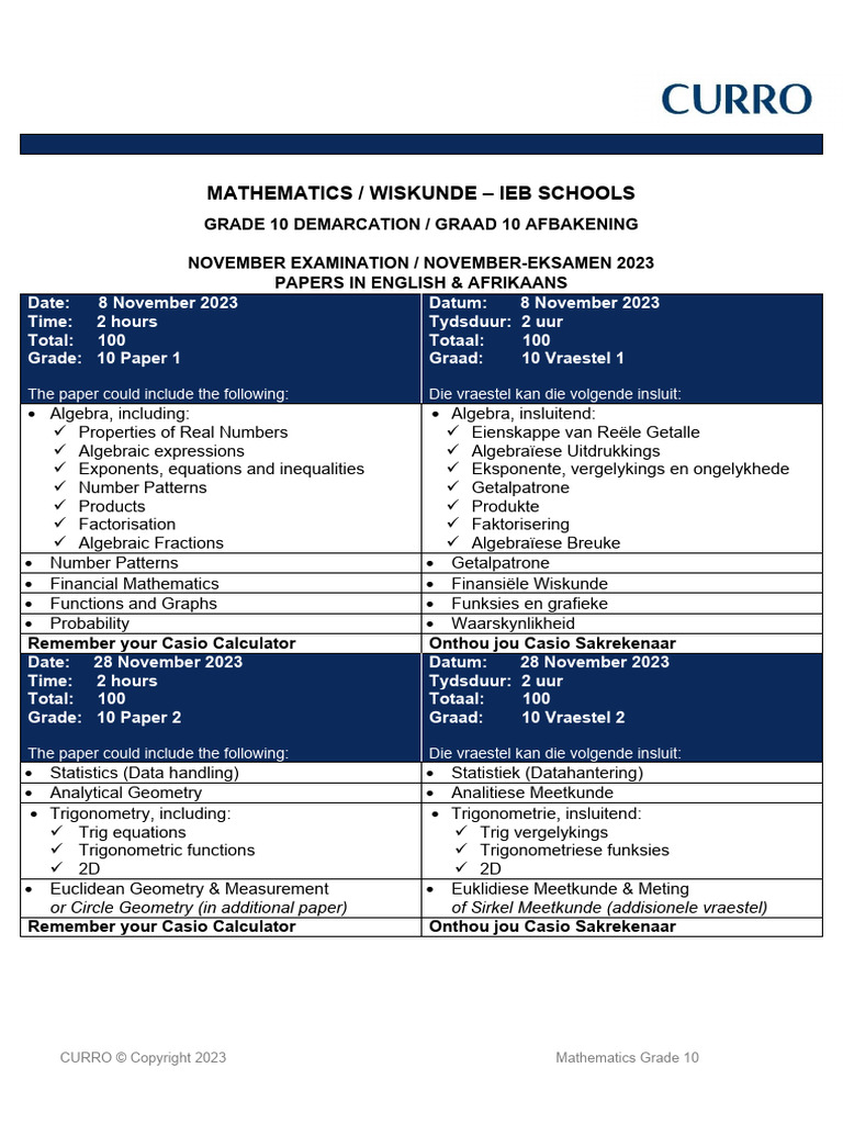 GR 10 Math IEB Demarcation November 2023 | PDF