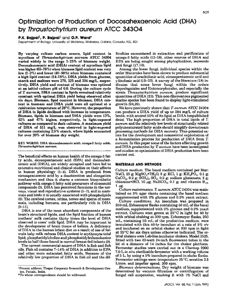 Bajpal 1991b - Optimization of Production of DHA by Thraustochytrium Aureum ATCC 34304 ...