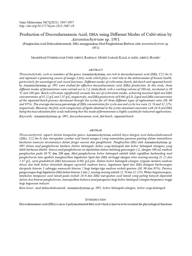 Abdul Rahman 2021 - Production of DHA | PDF | Docosahexaenoic Acid | Fermentation