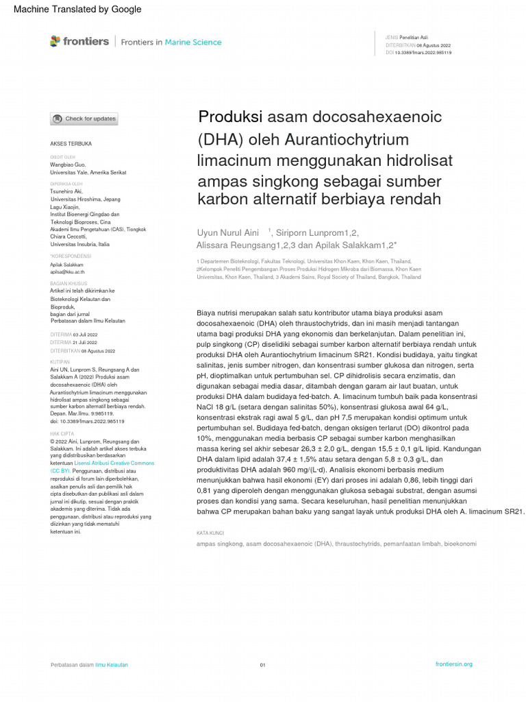 Asam Docosahexaenoic (DHA) Oleh Aurantiochytrium Limacinum Menggunakan Hidrolisat Ampas Singkong ...